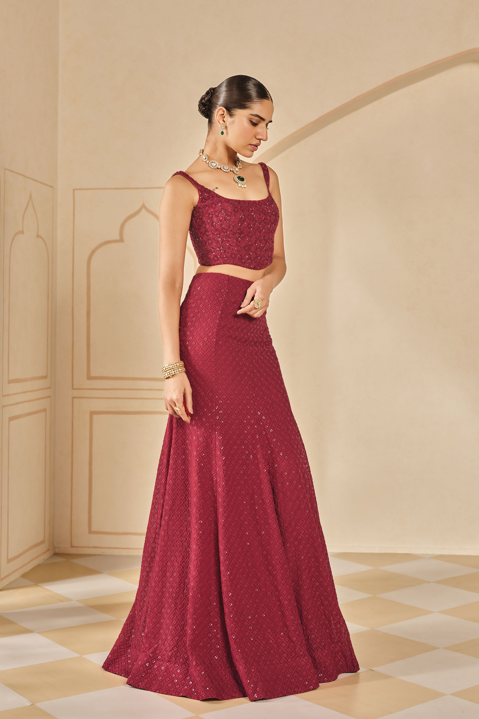 Buy Designer Adara Sequin Silk Skirt Set - Red Online from Anita Dongre