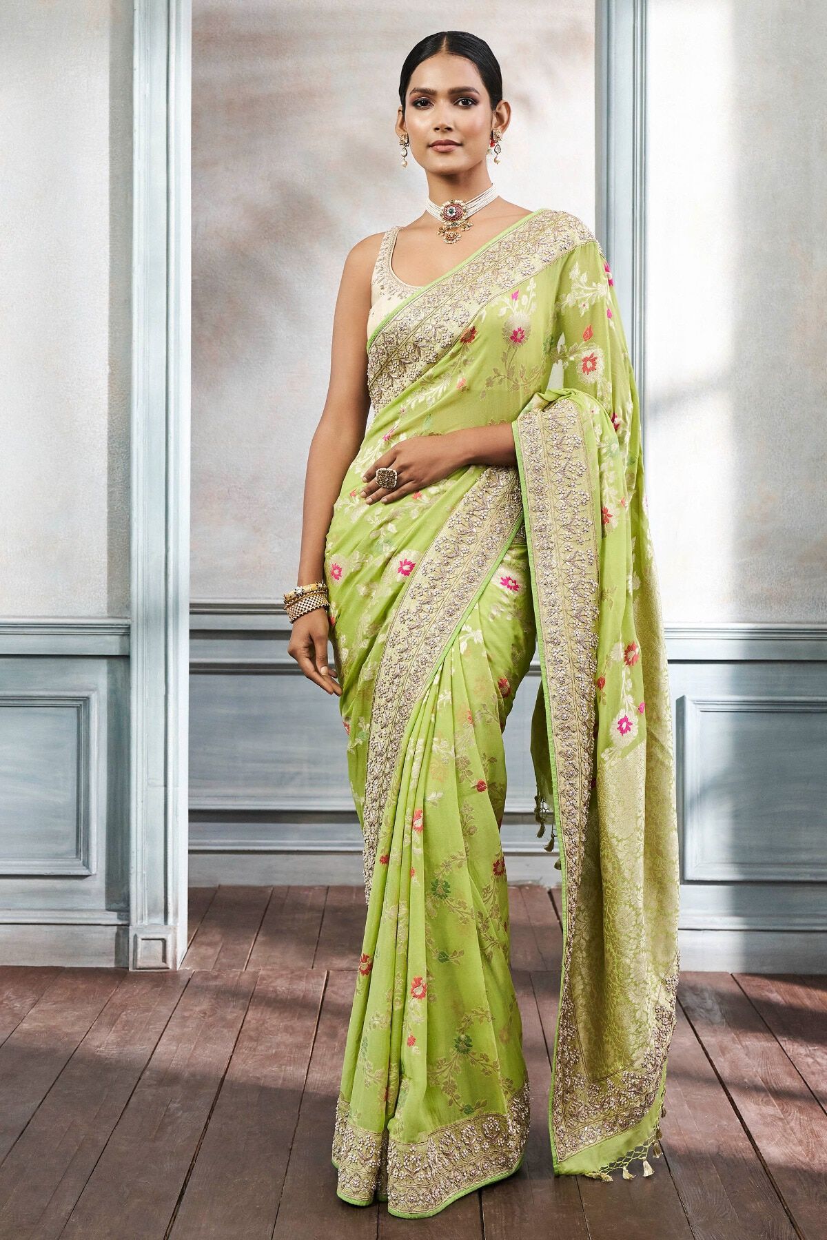 Buy Designer Panavi Saree Set– Lime Online from Anita Dongre
