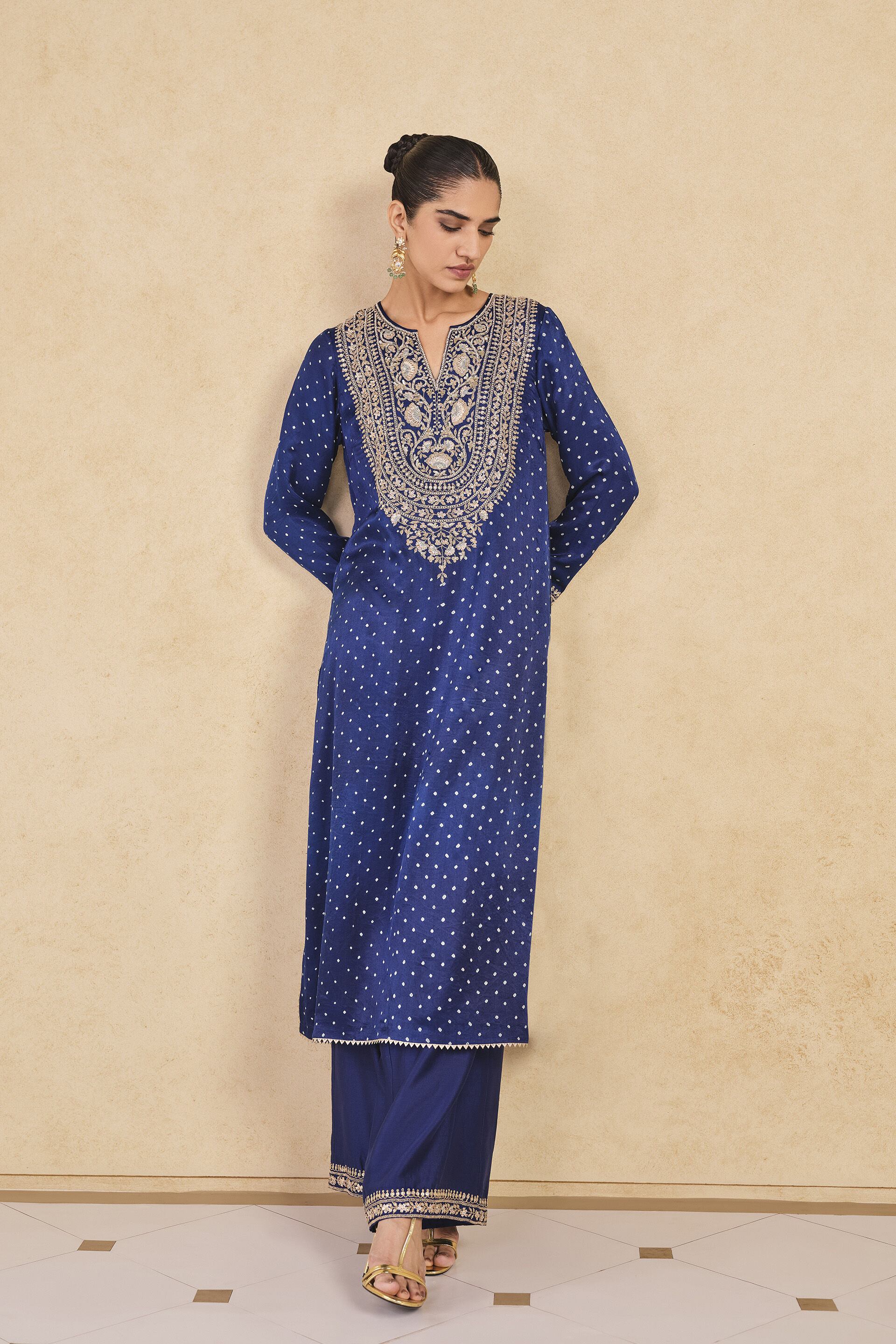 Buy Designer Baluka Handcrafted Bandhani Silk Kurta Set - Blue Online ...