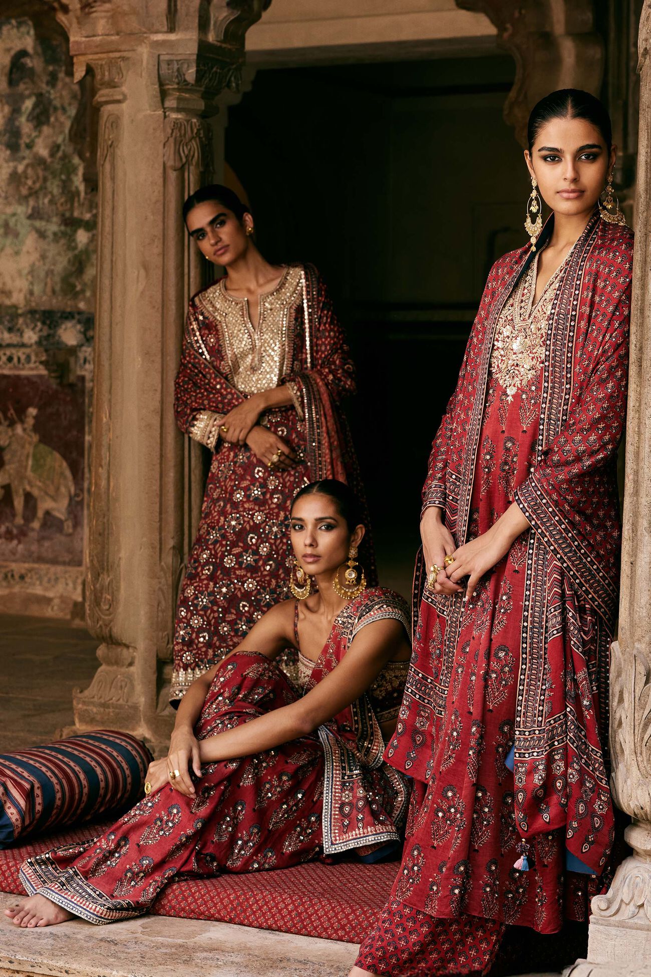 Buy Designer Baadiyah Ajrakh Hand-block Printed Silk Suit Set - Red On