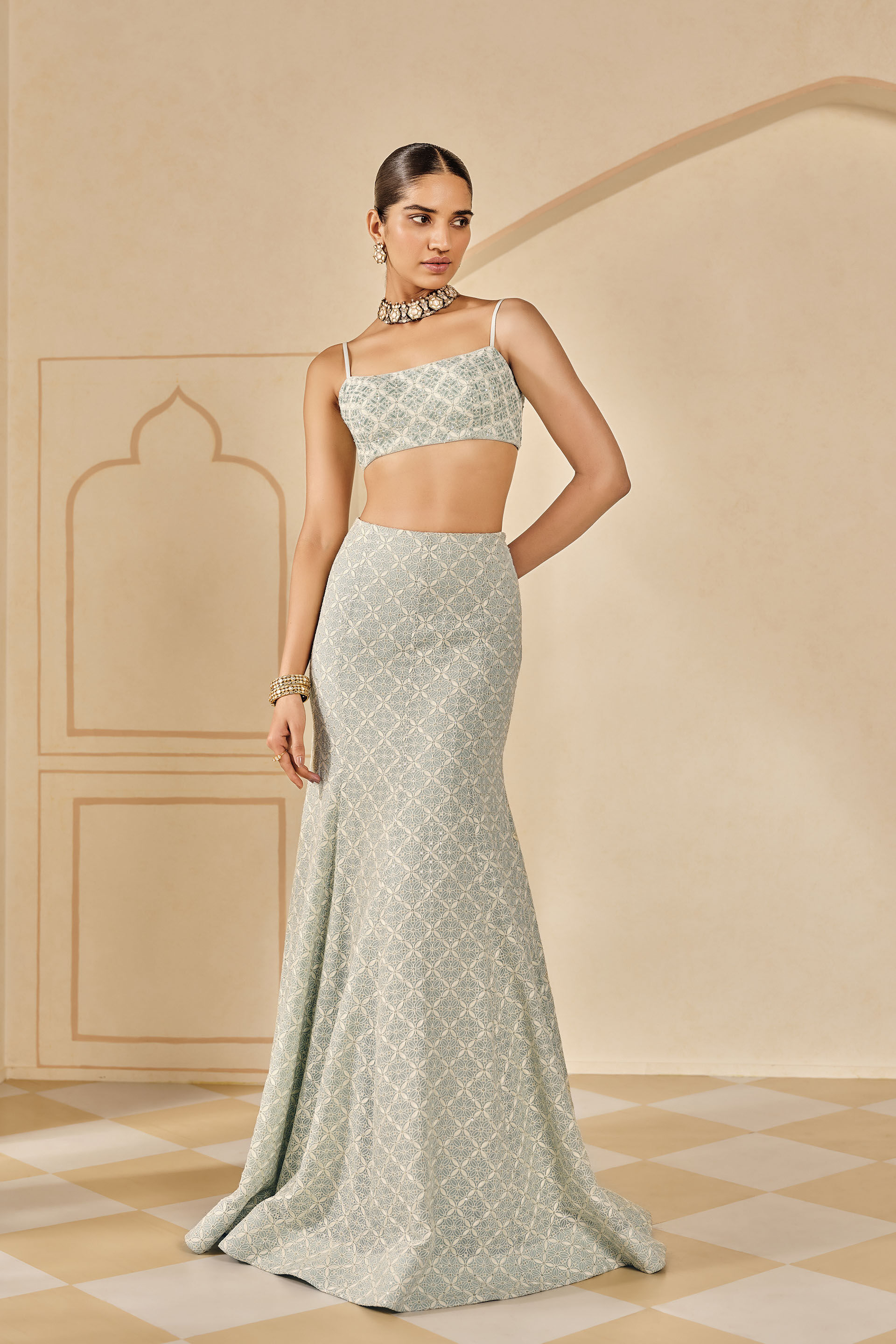 Buy Designer Alinta Sequin Silk Skirt Set - Powder Blue Online from ...