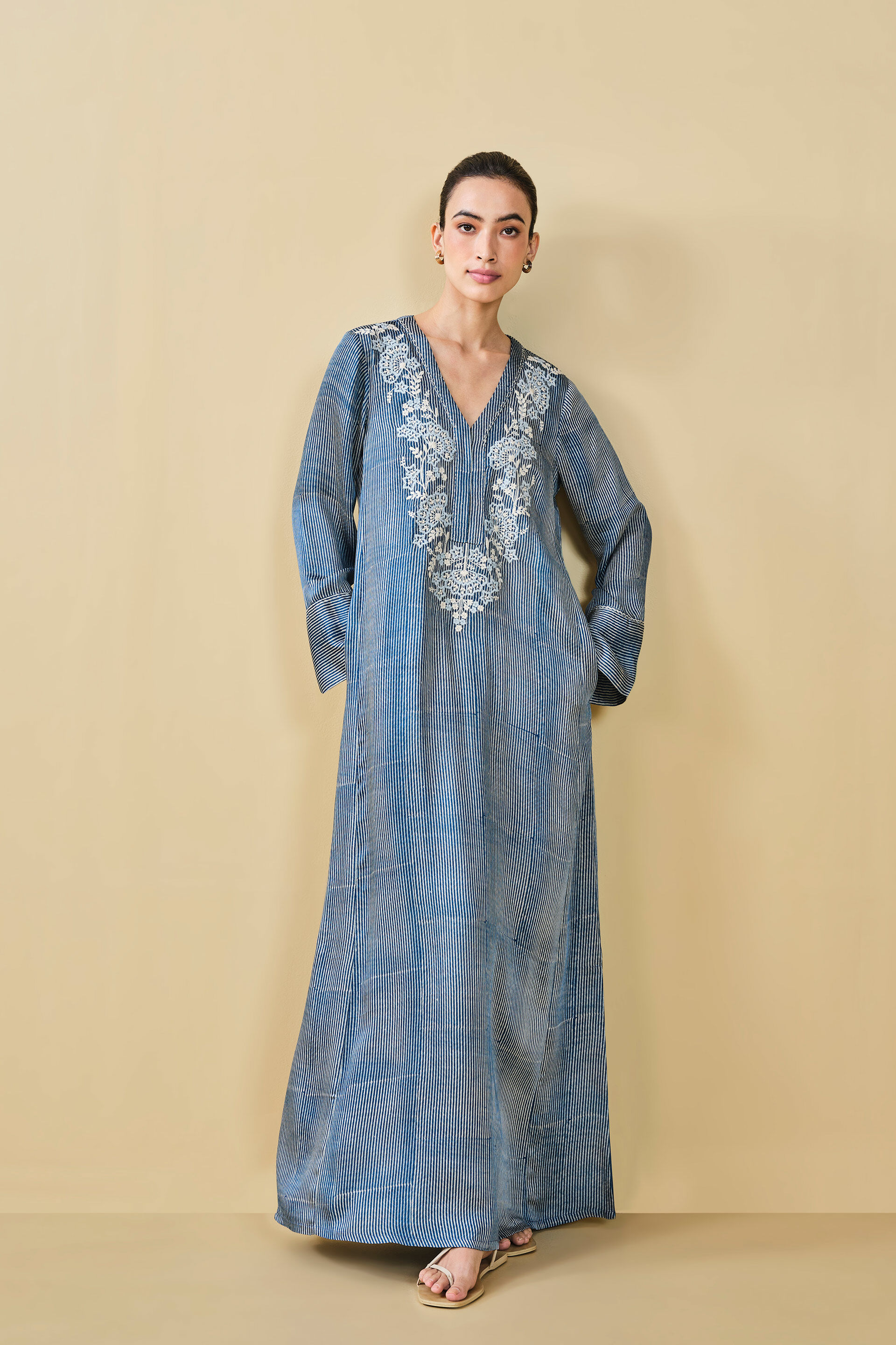 Buy Designer Stream Hand-Block Printed Kaftan - Blue Online from Anita
