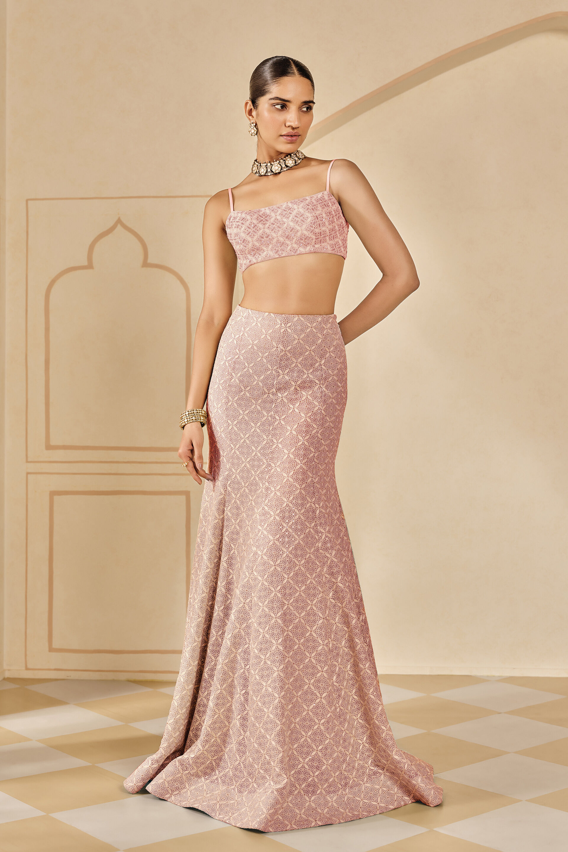 Buy Designer Alinta Sequin Silk Skirt Set - Blue Online from Anita Dongre